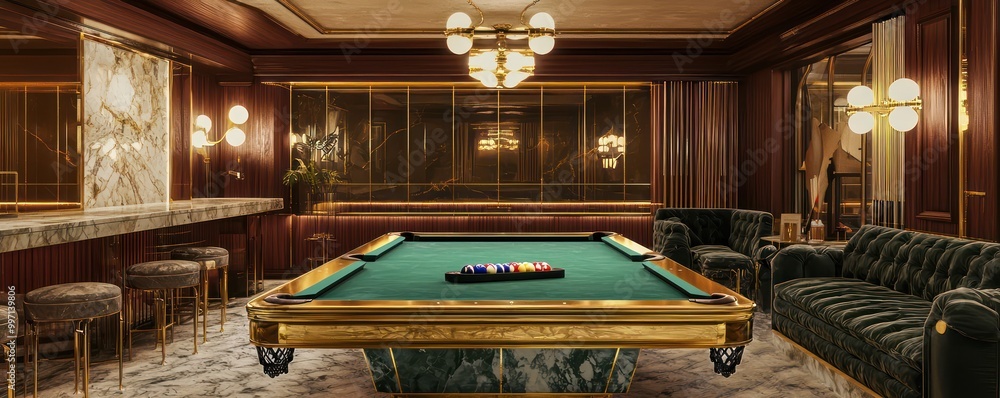 An opulent billiards room with a marble-top pool table, gold light ...