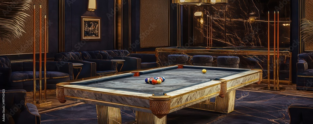 An opulent game room with a marble pool table, gold cue stands, and ...