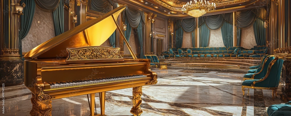 An opulent music room with a gold grand piano, marble floors, and ...