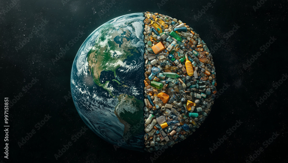 Earth from space with various plastic waste on the one side for earth ...