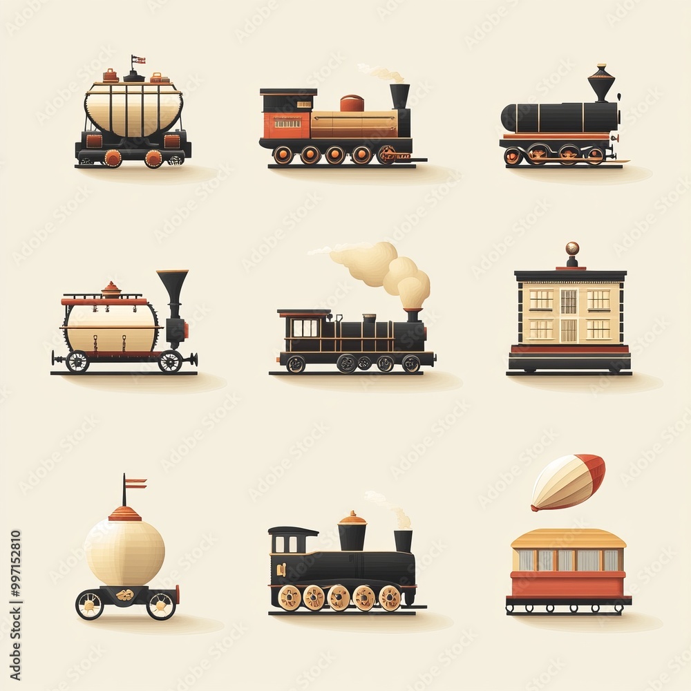 A set of nine flat cartoon style train carriages and locomotives with ...