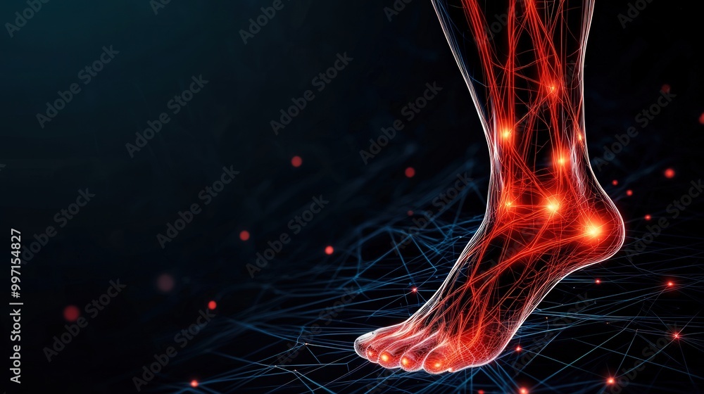 health wellness Glowing red nerve lines spreading from feet on dark ...