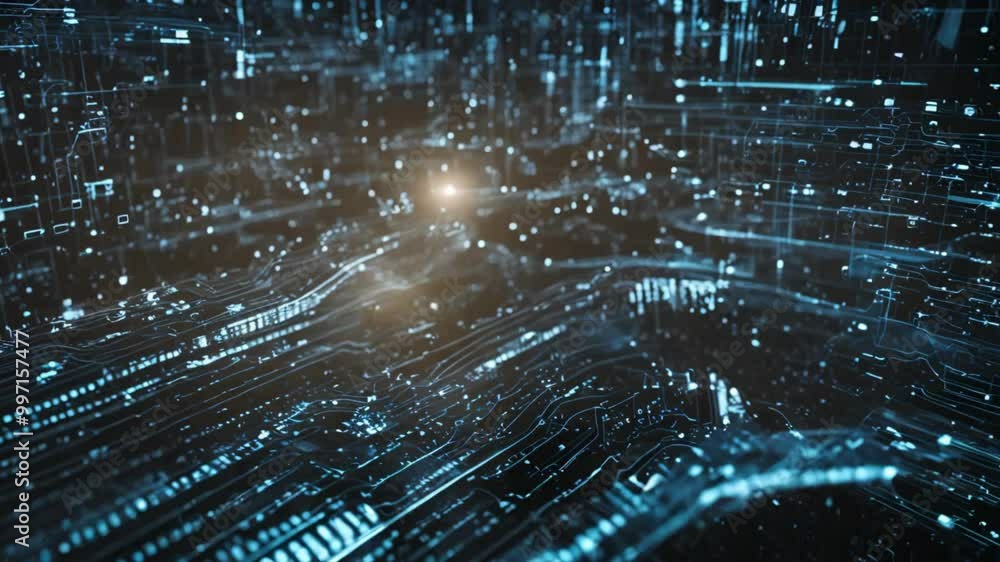 animation of digital technology data moving across a black background ...