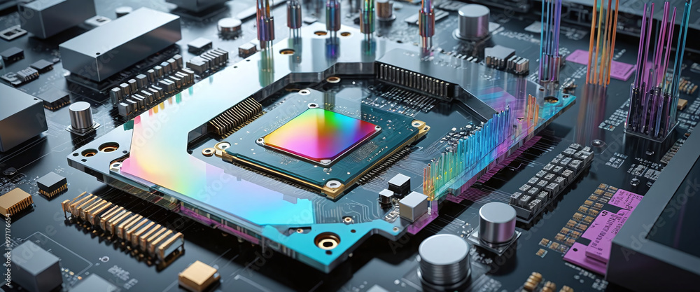 Illustrative color illustration of a close-up of a computer processor ...