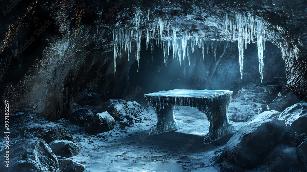 Ice cave chill spot: an icy desk carved into the wall of a frozen cave ...