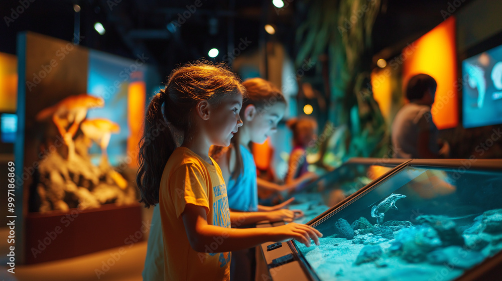 Little girl fascinated by interactive touch screen display at aquarium ...