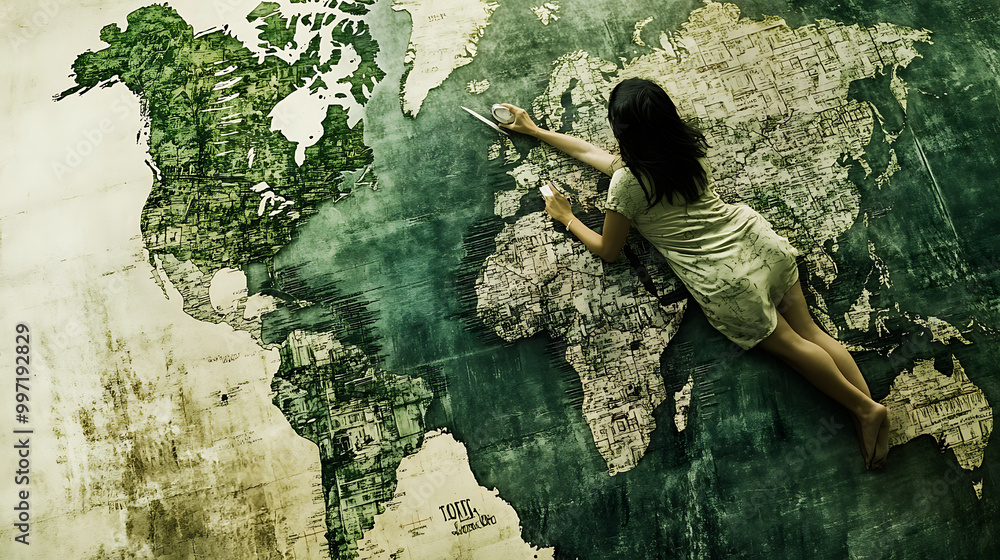 Global Nomad: A woman lies on a sprawling world map, her hand tracing a ...