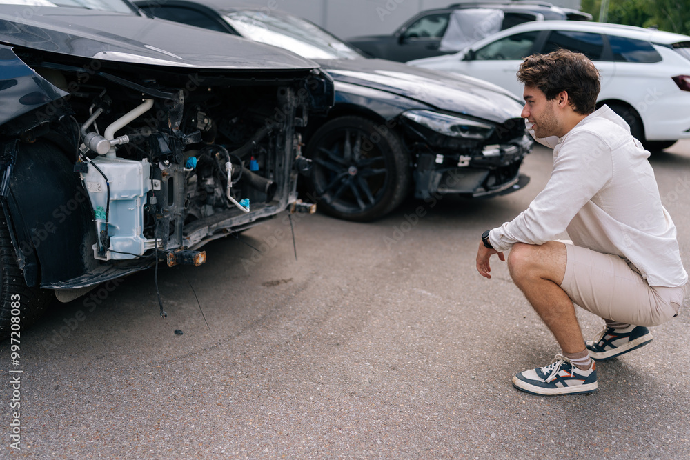 Side view of worried driver crouching near broken car, touching head ...
