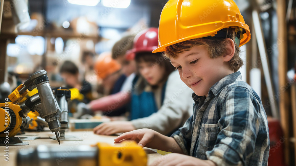 Smiling boy in a construction workshop, working on a project with tools ...