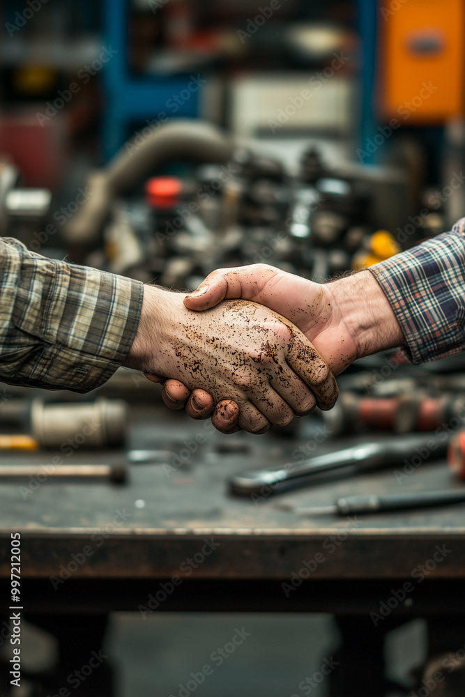 Mechanic shaking hands with customer in a workshop over a greasy ...