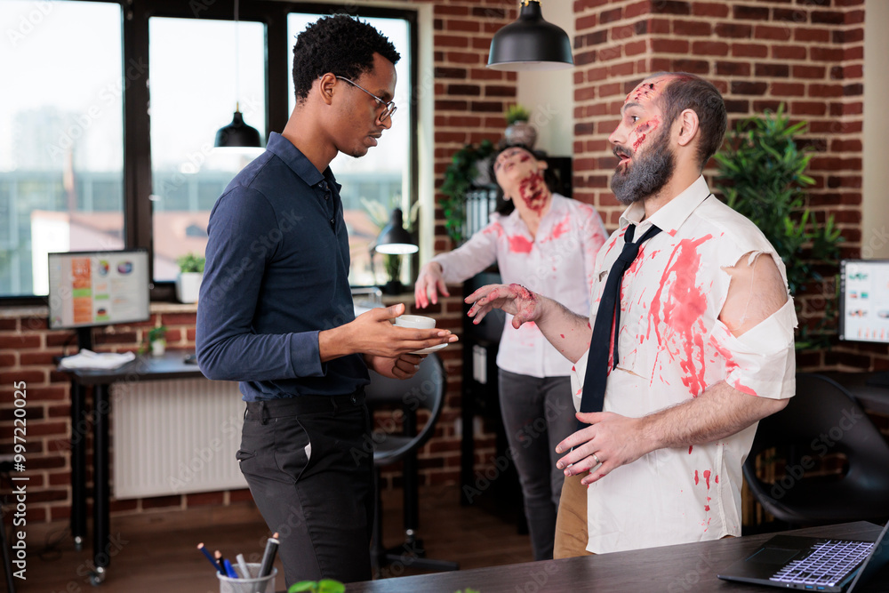 Fatigued employees looking like undead zombie talking with manager ...