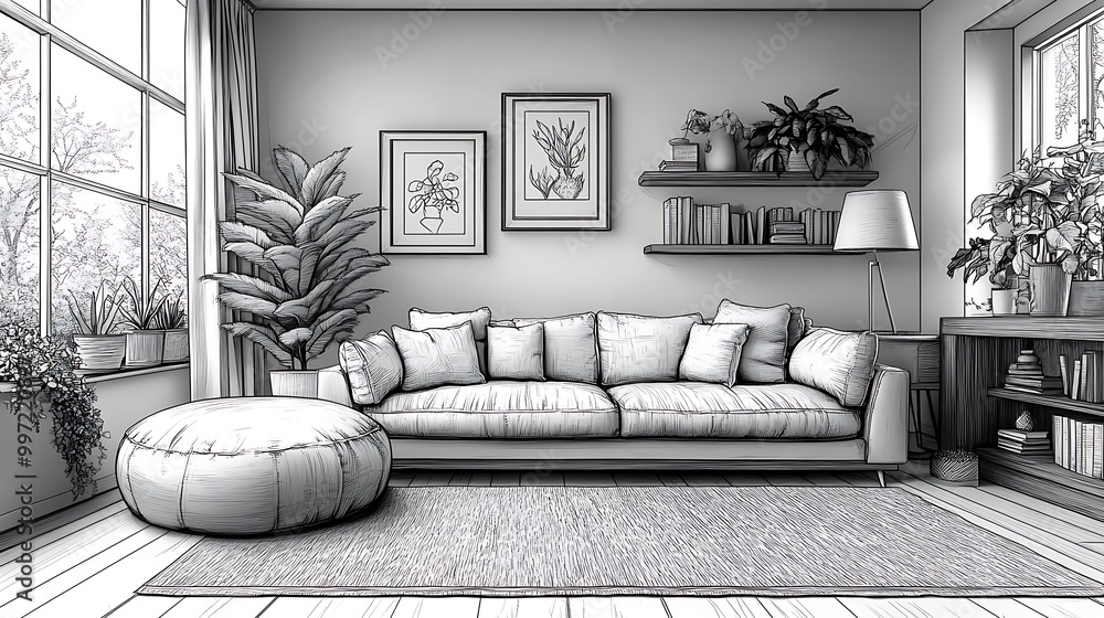 Line interior home art room design illustration outline sketch ...