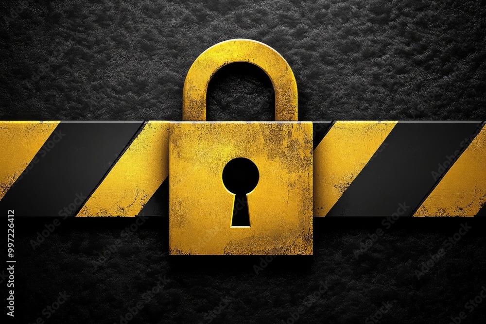 Grunge yellow padlock with black caution stripes on a dark background ...