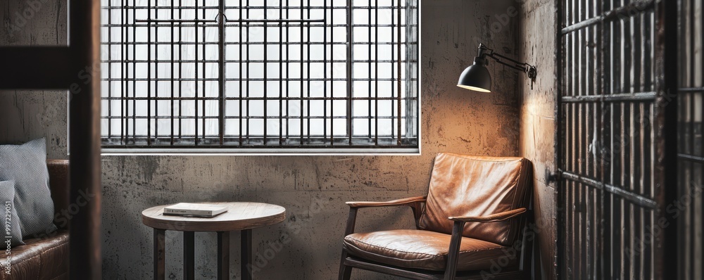 A stylish industrial reading corner outfitted with an aged leather ...