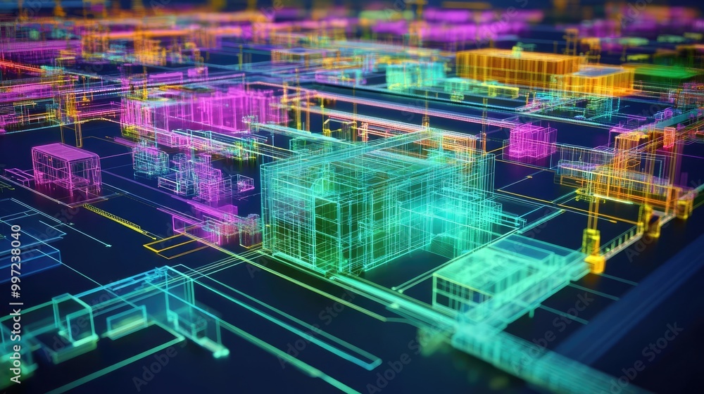 ภาพประกอบสต็อก digital twin of factory floor with colorcoded product ...