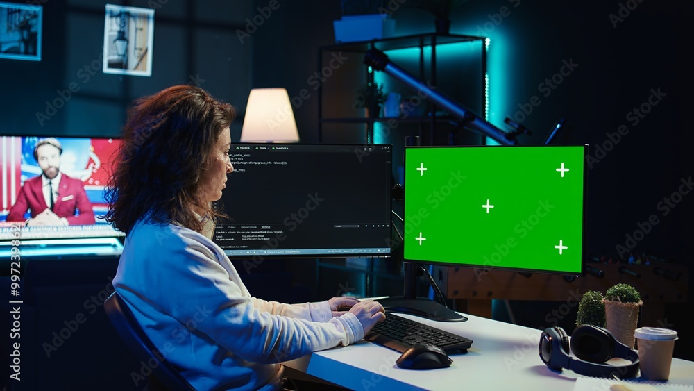 Developer Doing Software Debugging On Green Screen Pc At Home Checking Lines Of Code Displayed
