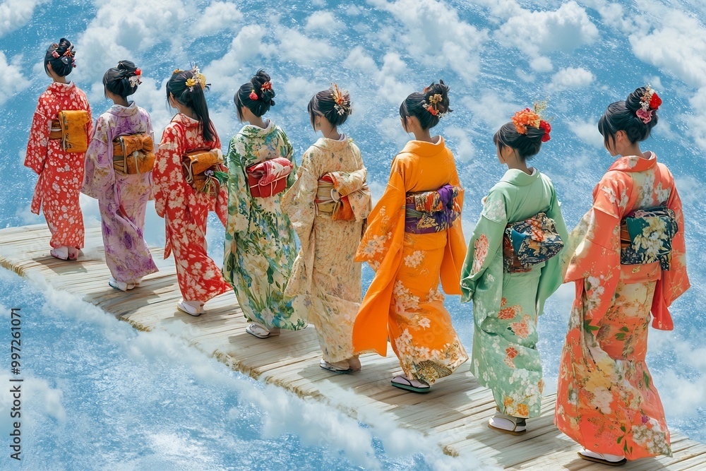 Floating Isometric Collage Japan Coming of Age Day where the ceremony ...