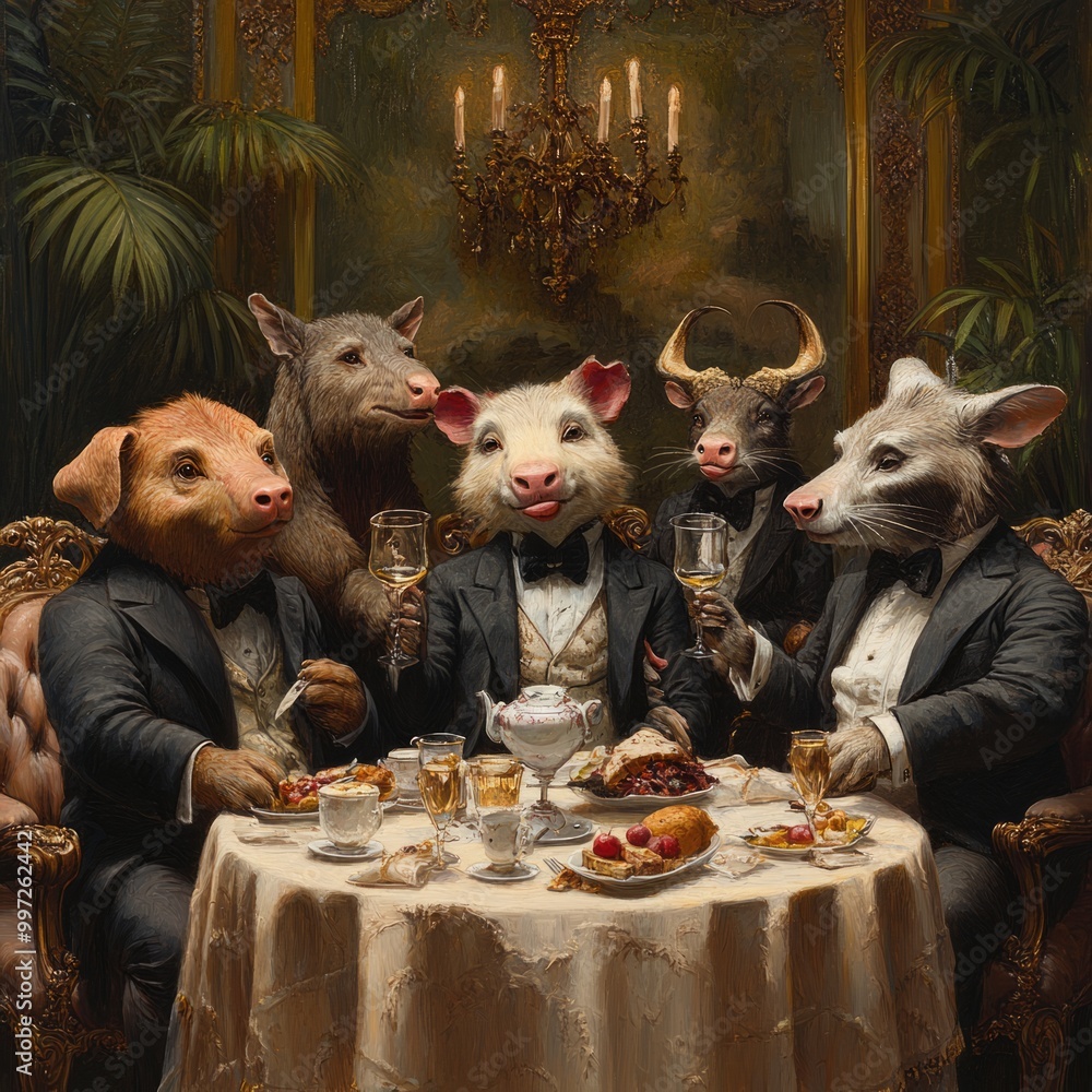 Five anthropomorphic animals in suits enjoy a formal dinner with wine ...