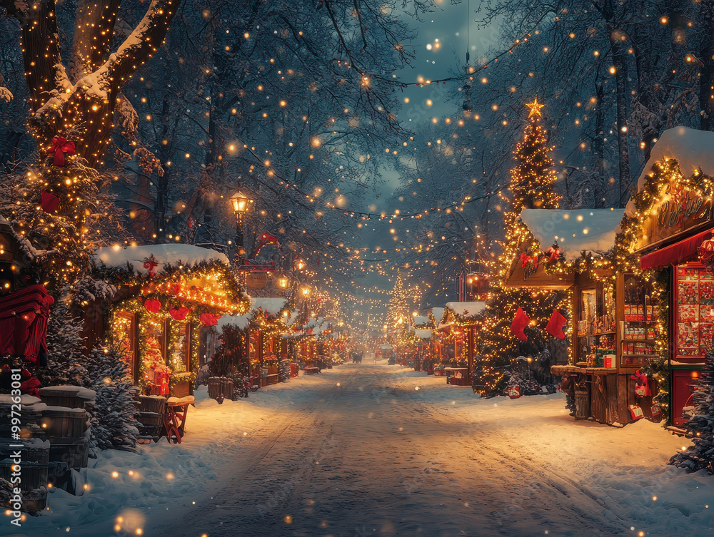 strange night cristmas street background with christmas spruce trees ...