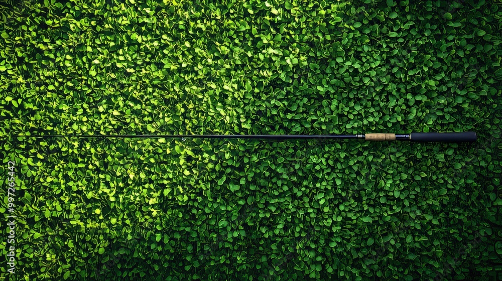 Fishing rod lying horizontally on vivid green grass from a top-down ...