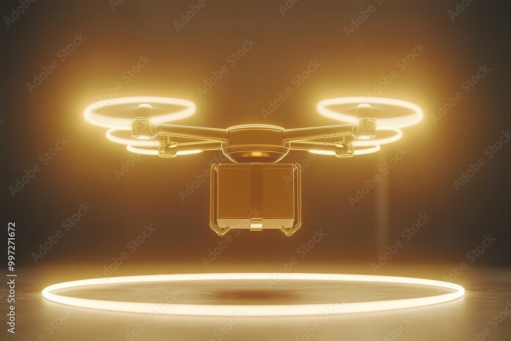 Neon orange drone hovering over a landing pad symbolizing precision and ...
