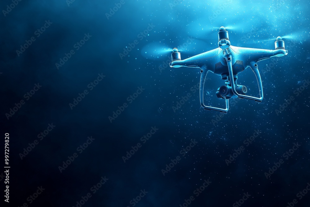 Drone with green and blue lights flying mid air over a futuristic ...