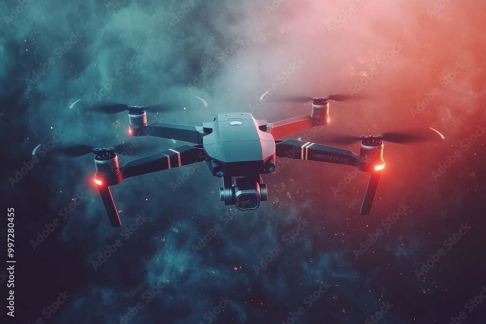 Drone hovering in a misty forest at sunset symbolizing UAV technologys ...