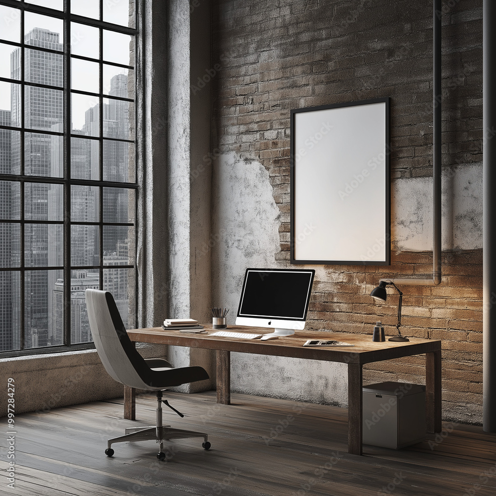 industrial loft window view office interior with desk and photo frame ...