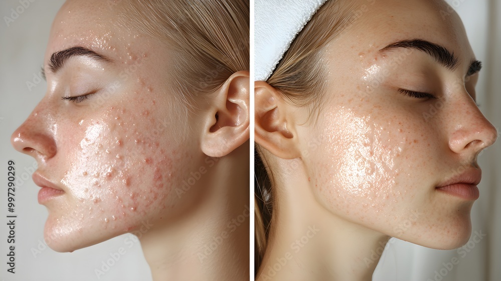 Before-and-after acne treatment, highlighting pore reduction, smooth ...