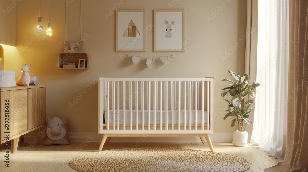 This serene nursery showcases a wooden baby crib with white slats ...