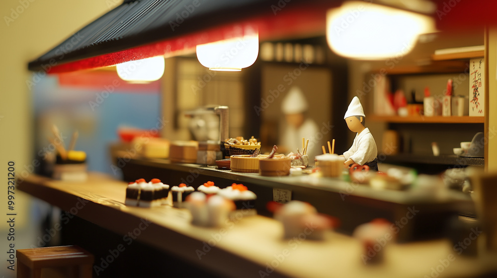 Diorama of a japanese sushi restaurant - Chefs prepare traditional ...