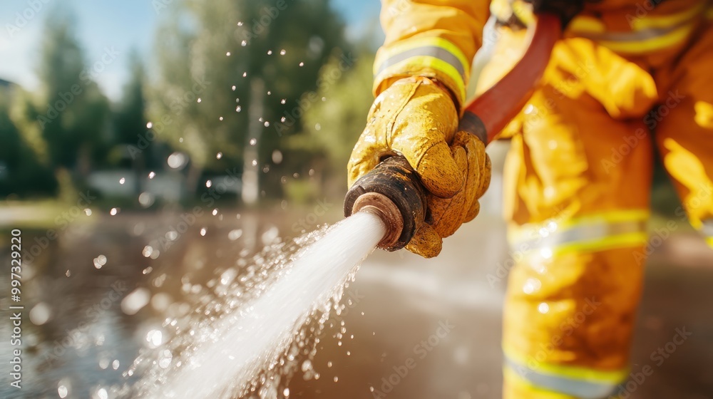 A firefighter, dressed in full gear, is actively using a hose to spray ...