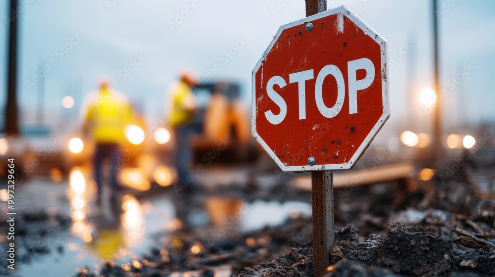 A red stop sign is seen in a muddy construction zone at dawn, with ...