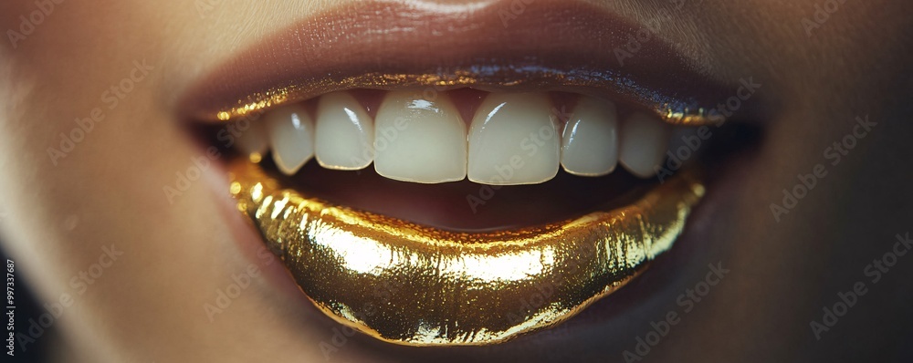 Smiling model flaunts perfect white teeth and golden lipstick in ...