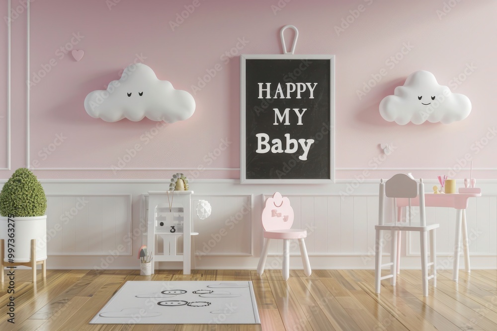 Cute pink and white baby girl room with cot, chair and happy my baby sign. ideal for baby ...
