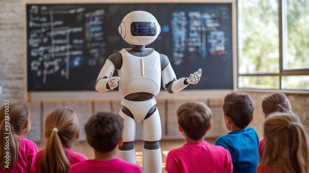 Robot teacher leading classroom instruction, interacting students ...
