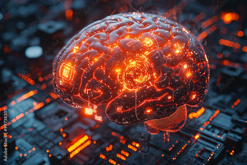 A brain scan image transitioning into a digital matrix, representing ...