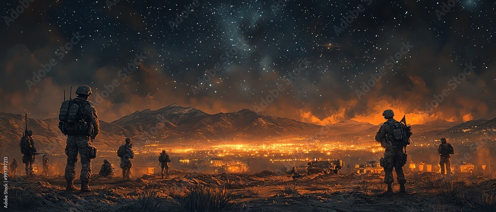 Nighttime scene of army forces in the field, detailed illustration with ...