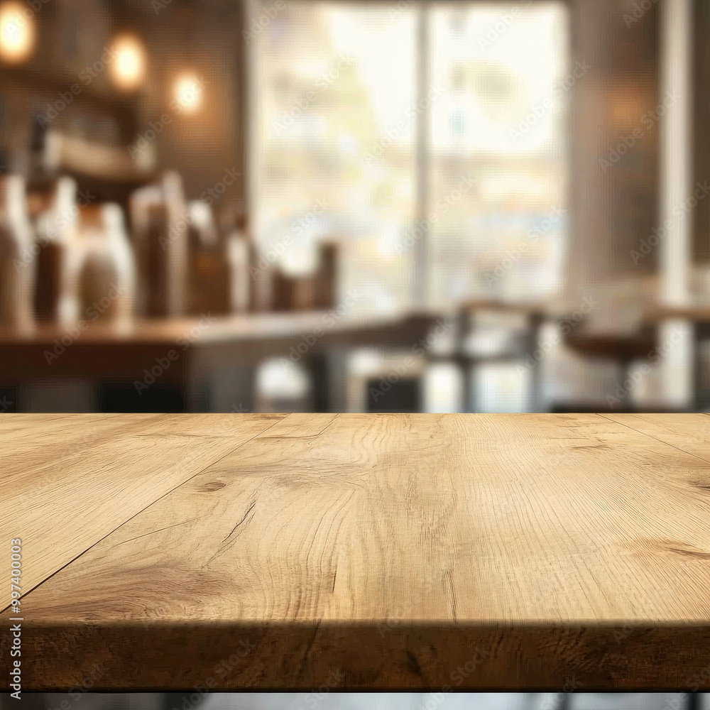 smooth wooden table surface is showcased in cozy cafe setting, with ...