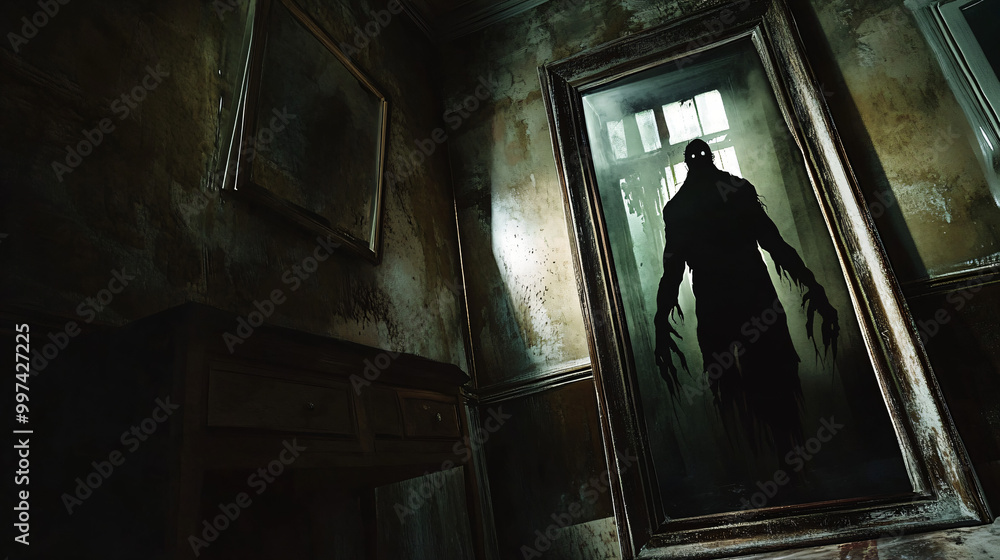 An eerie scene of a demon emerging from a mirror in a dimly lit room ...