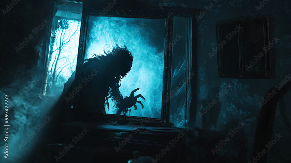 An eerie scene of a demon emerging from a mirror in a dimly lit room ...