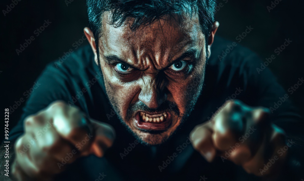 Furious and angry man displaying an aggressive and mad expression foto ...