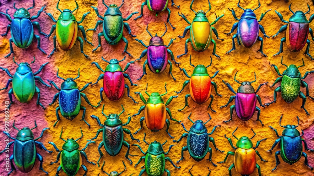 A vibrant tableau of iridescent beetles, each showcasing a unique ...