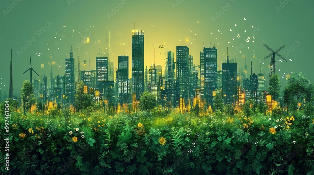 esg concept illustrated with green energy symbols and sustainable ...