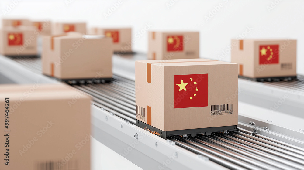 Chinese Export: A conveyor belt filled with cardboard boxes printed ...