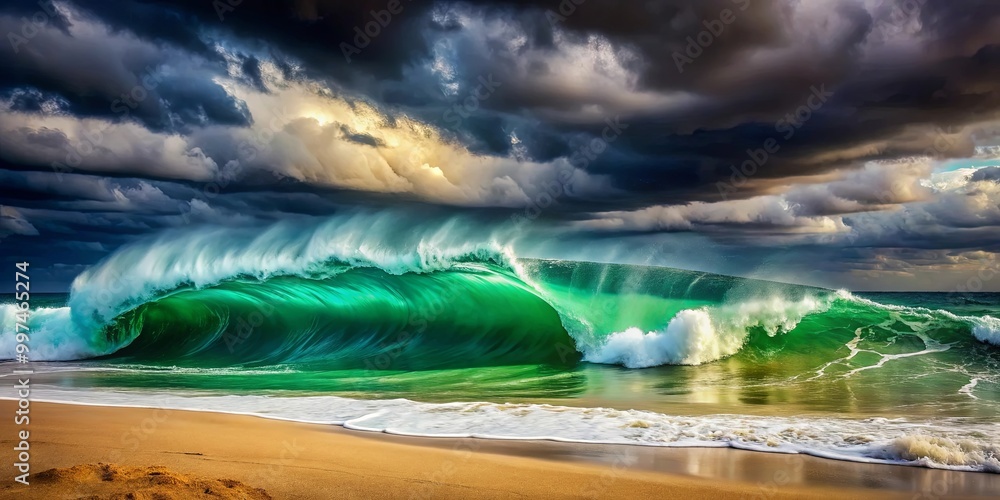 An emerald green wave crashes upon a sandy shore as dramatic clouds ...