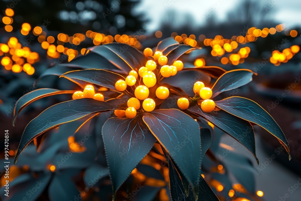 Futuristic Mahonia aquifolium bush, where the leaves and berries have ...