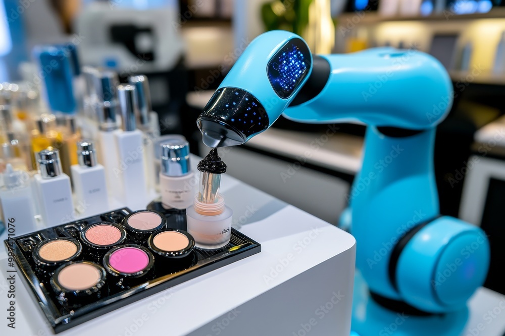 Futuristic beauty bar, with robotic arms blending custom cosmetic ...