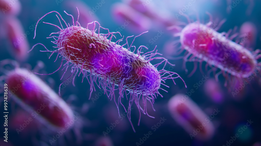 This image shows a computer-generated model of E. coli bacteria, a type ...