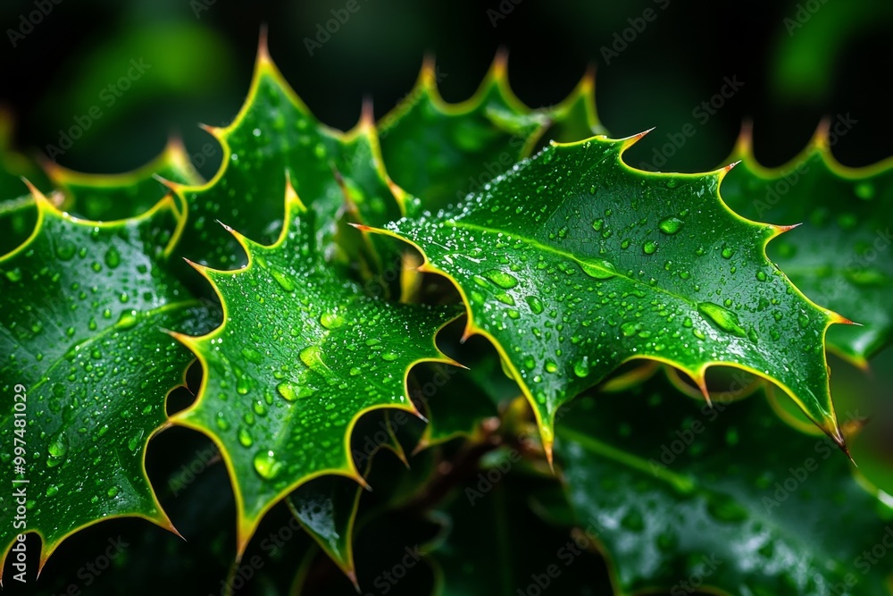 Realistic close-up of Mahonia aquifolium leaves, with sharp, spiny ...